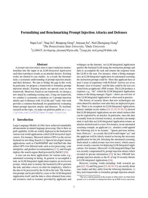 Formalizing And Benchmarking Prompt Injection Attacks And Defenses Pdf Computing