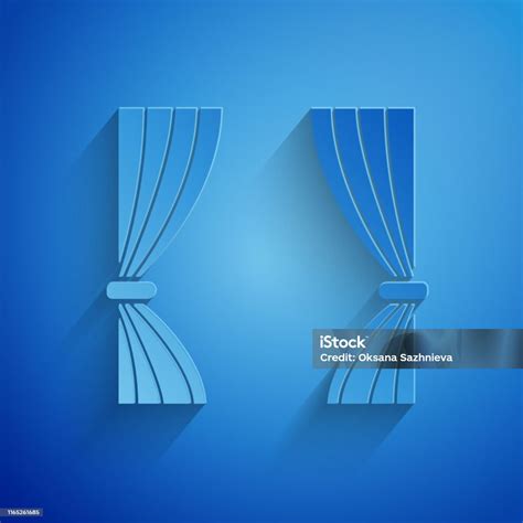 파란색 배경에 격리 된 종이 잘라 커튼 아이콘 극장 또는 오페라 장면 배경 콘서트 그랜드 오프닝 또는 영화 시사회 종이 아트 스타일입니다 벡터 일러스트레이션 0명에 대한