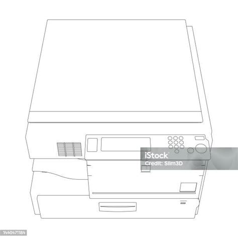 흰색 배경에 격리된 검은색 선으로 만든 사무실 복사기의 개요 정면도 3d 벡터 그림입니다 검은색에 대한 스톡 벡터 아트 및 기타 이미지 Istock