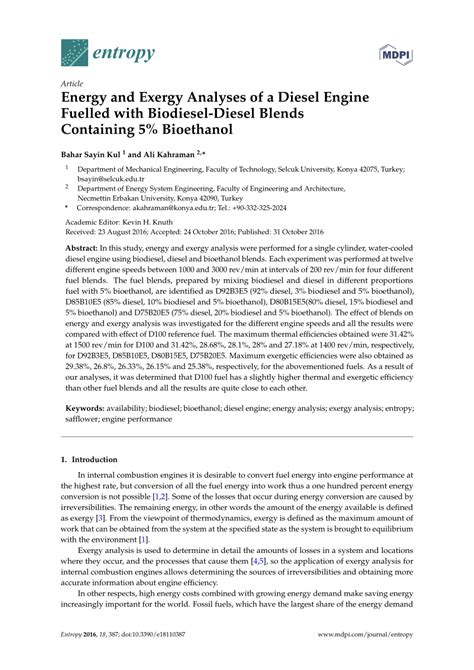 Pdf Energy And Exergy Analyses Of A Diesel Engine Fuelled With