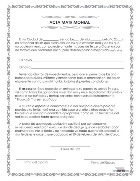 Acta De Matrimonio De Broma Para Imprimir Acta Matrimonial En La