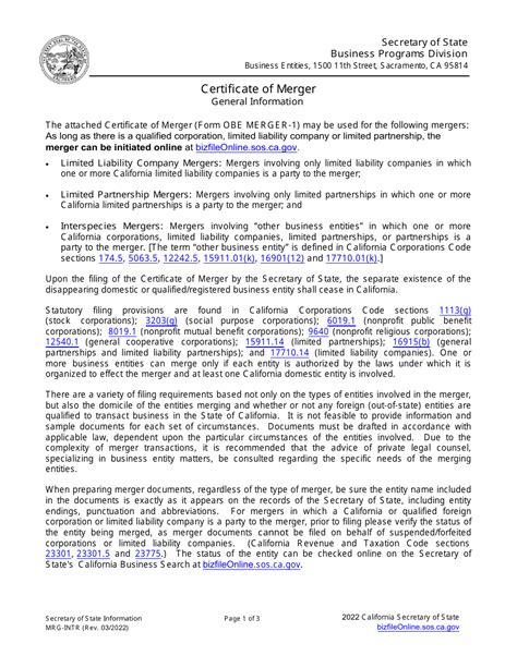 Form OBE MERGER 1 Download Fillable PDF Or Fill Online Certificate Of Merger California