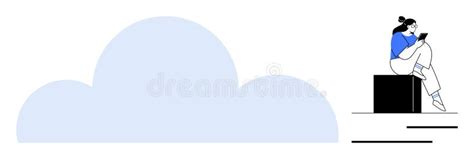 Woman Sitting On Block Reading Tablet Beside Large Cloud Shape Stock Illustration Illustration