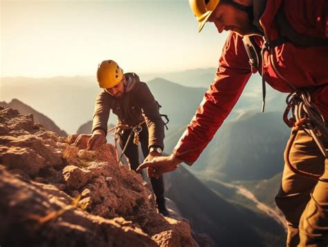 Premium Photo Helping Hand On The Top Hiker With Backpack Helps Other