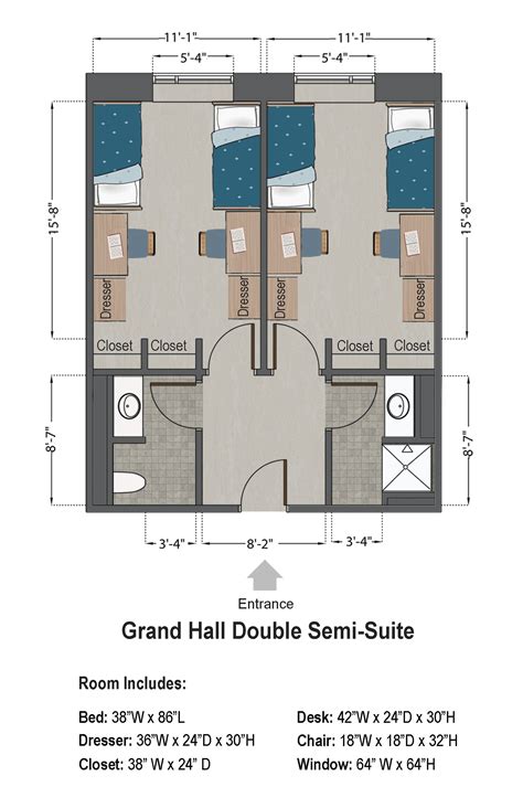 Grand Hall Double Semi Suite Floor Plan With Bedroom And Bathroom Measurements