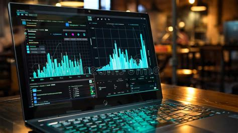 Laptop With Data Visualization Software In A Modern Caf Setting Stock