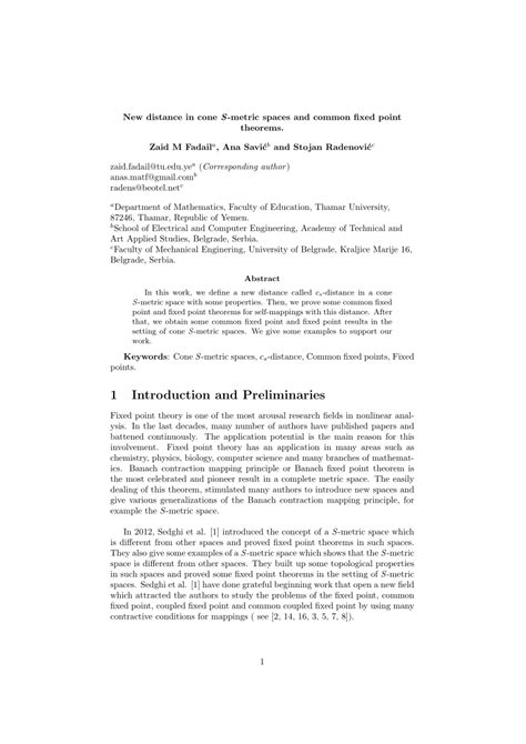 Pdf New Distance In Cone S Metric Spaces And Common Fixed Point Theorems