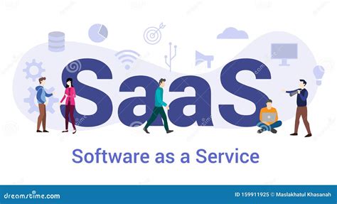 Saas Software As A Service Concept With Big Word Or Text And Team People With Modern Flat Style