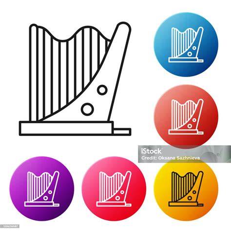 흰색 배경에 격리 된 검은 색 선 하프 아이콘입니다 클래식 악기 오헤스트라 현 어쿠스틱 요소 아이콘 다채로운 원 버튼을 설정합니다 벡터 일러스트레이션 Classical