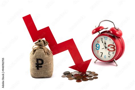 Conceptual Plot About Russian Ruble Inflation With A Red Arrow Of A Falling Graph And A Money