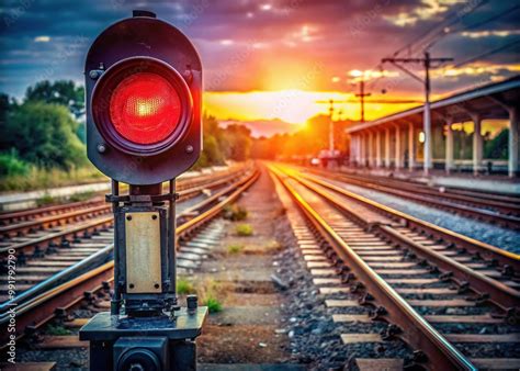Vintage Railway Signal Displaying Red Light Indicating Stop For