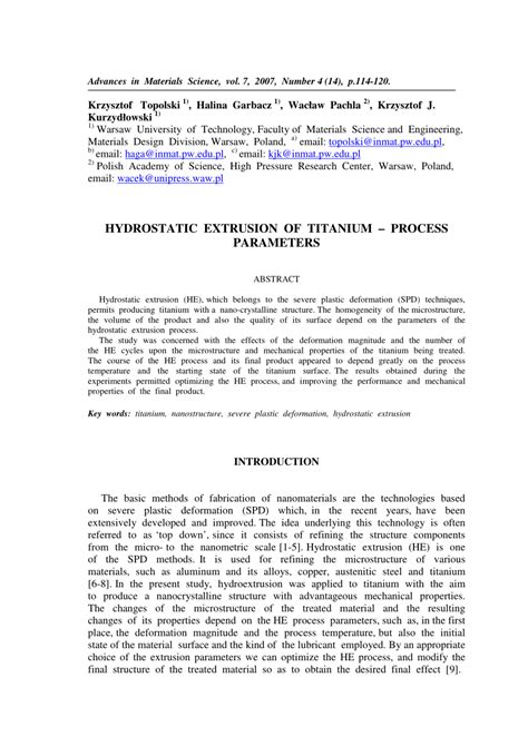 Pdf Hydrostatic Extrusion Of Titanium Process Parameters