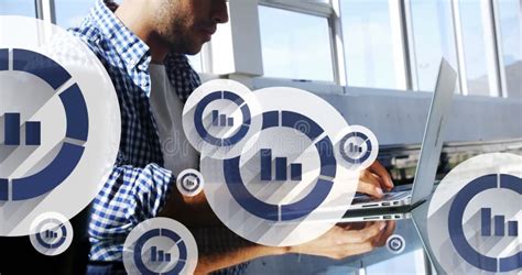Image Of Graph Icon In Circles Over Latino Man Typing On Keyboard Of Laptop In Office Stock