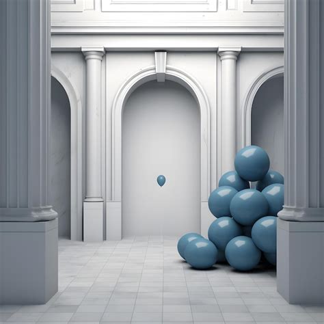 3d 화이트 룸 화이트 아치 디자인 건축 디자인 룸 배경에 파란색 풍선 프리미엄 사진
