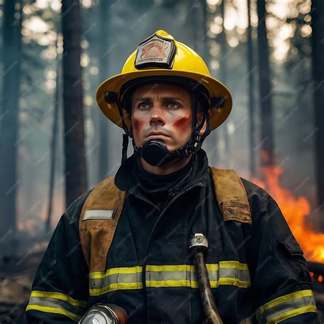 A Firefighter Wears A Firefighter Mask And Wears A Fire Hose Premium