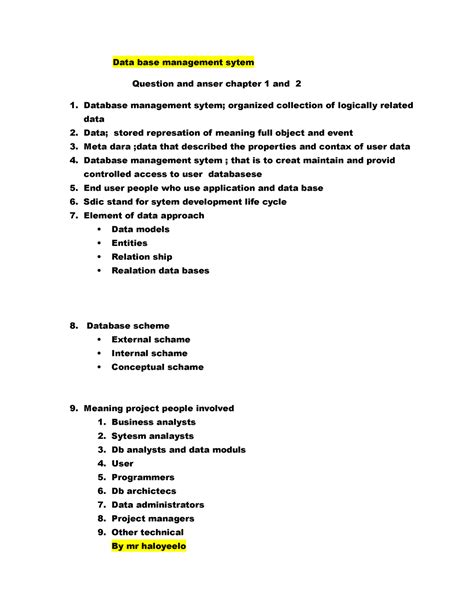 Db Chapter Onr Data Base Management Sytem Question And Anser Chapter 1 And 2 Database