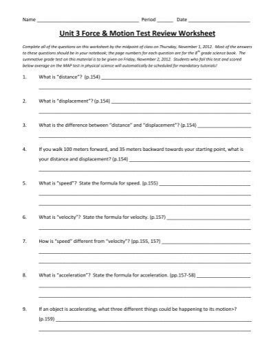 Unit 3 Force And Motion Test Review Worksheet