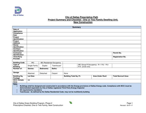 City Of Dallas Texas Prescriptive Path Project Summary And Checklist