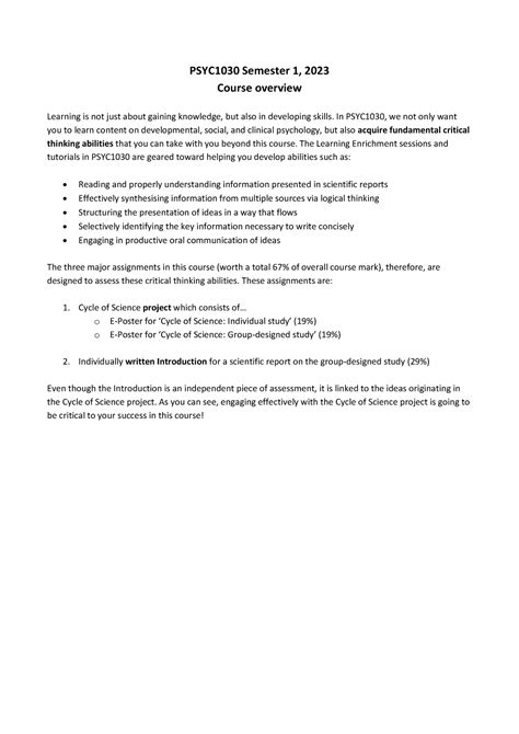 PSYC1030 Course Overview S1 2023 PSYC1030 Semester 1 2023 Course Overview Learning Is Not