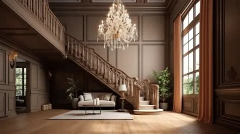 계단통 3d 렌더링된 이미지 근처에 빈티지 나무와 샹들리에가 있는 따뜻한 톤의 고전적인 거실 고급 아파트 호텔 인테리어 고급 가구 배경 일러스트 및 사진 무료 다운로드