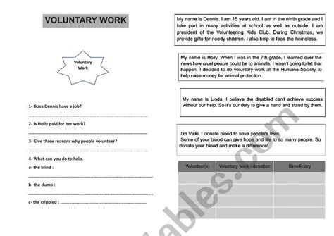 Voluntary Work Esl Worksheet By Alphakim2