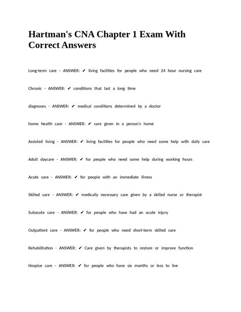 Hartmans Cna Chapter 1 Exam With Correct Answers Exams Nursing Docsity