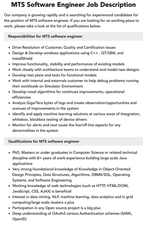 Mts Software Engineer Job Description Velvet Jobs