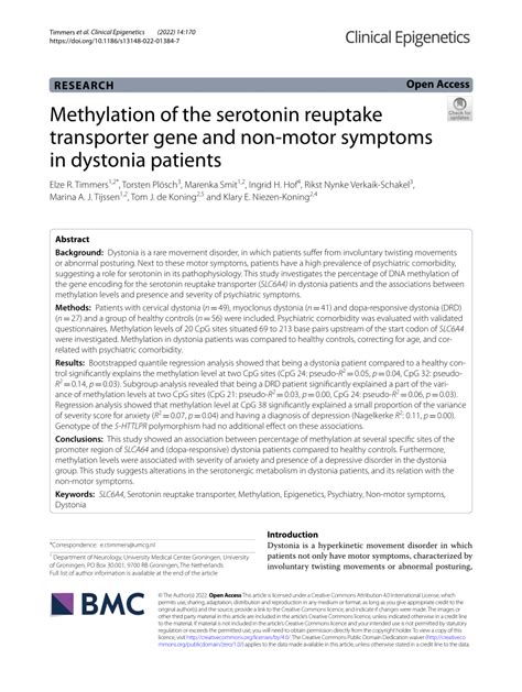 Pdf Methylation Of The Serotonin Reuptake Transporter Gene And Non Motor Symptoms In Dystonia