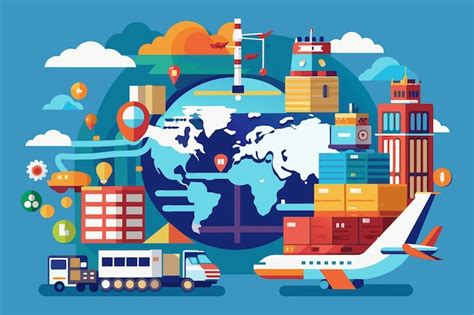 A Plane Truck Bus And Globe On A Blue Background Symbolize