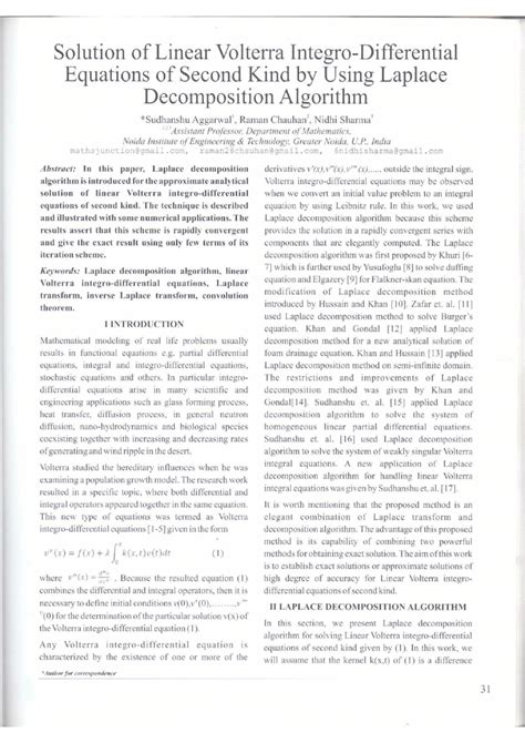 Pdf Solution Of Linear Voltera Integro Differential Equations Of