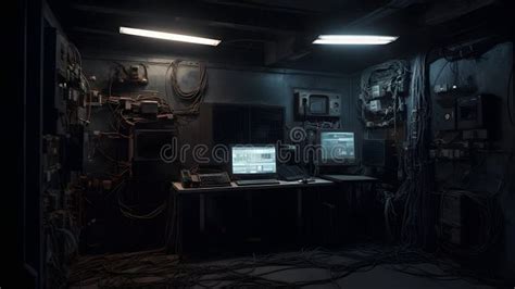 A Dark Room With Multiple Monitors And Cables Hyper Reali Created With