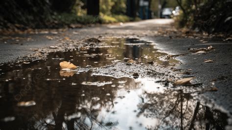 Puddle Of Water On The Road In Autumn Background Picture Of A Puddle