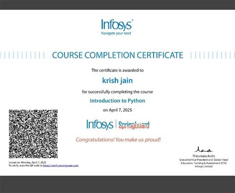Completed Machine Learning Certification Course By Infosys Strengthening Krish Jain