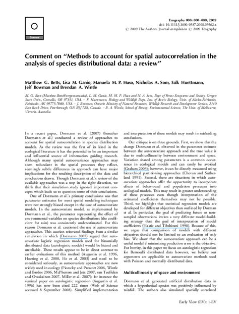 Pdf Comment On “methods To Account For Spatial Autocorrelation In The Analysis Of Species