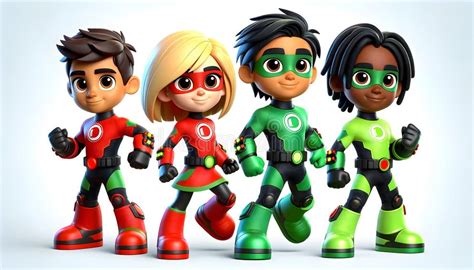 Group Of Young Superheroes In Red And Green Costumes Dynamic Poses Cartoon Styleai Generated