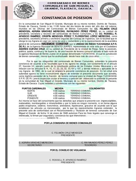 Constancia De Posesión De Terreno Comunales Pdf Justicia Crimen Y