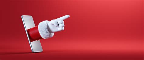 3d 렌더링 만화 캐릭터 산타 클로스 손은 스마트 폰 화면을 튀어 나와 손가락을 가리키는 보여줍니다 빨간색 배경이있는 크리스마스 배너 추천 개념 산타 클로스에 대한 스톡