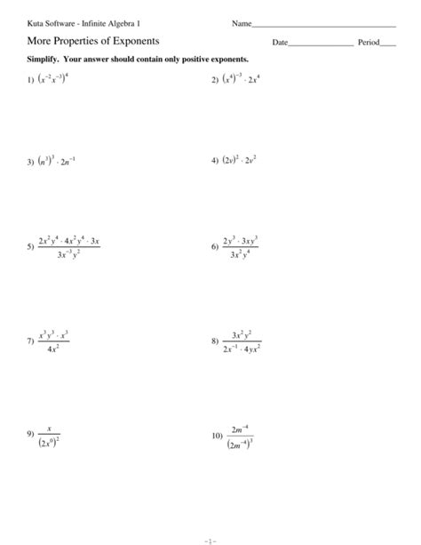 Properties Of Exponents Worksheet Algebra 1