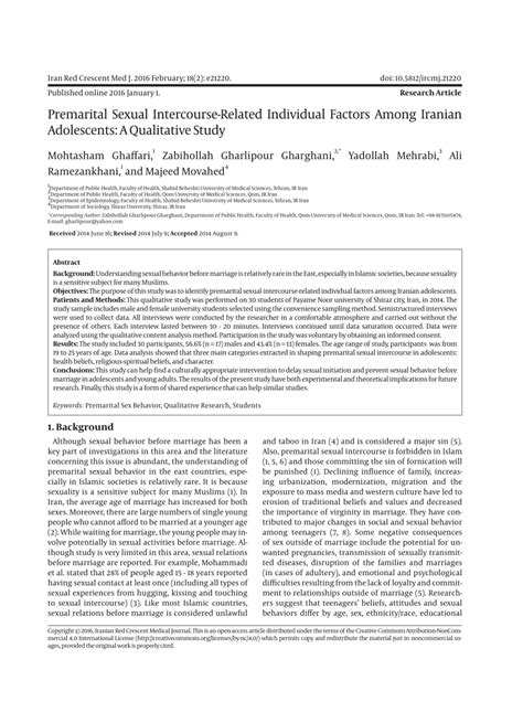 PDF Premarital Sexual Intercourse Related Individual Factors Among Iranian Adolescents A