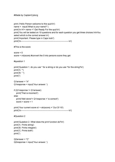 Python Multiple Choice Questions By Captain Cyborg Made By Captaincyborg Print Hello Person