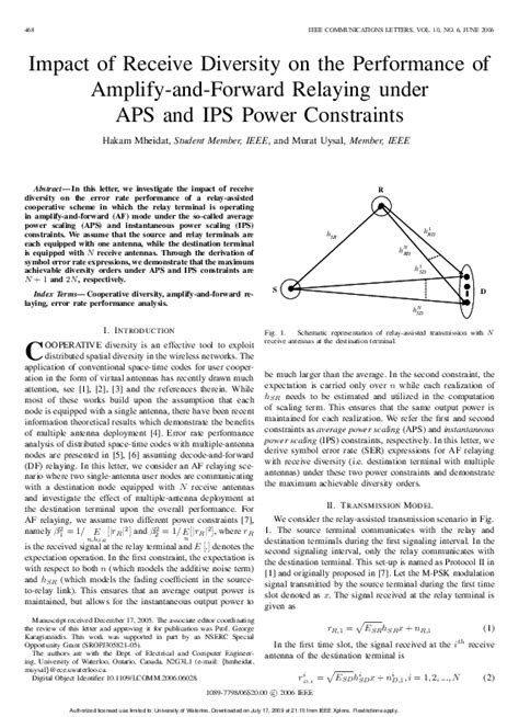 Pdf Impact Of Receive Diversity On The Performance Of Amplify And Forward Relaying Under Aps