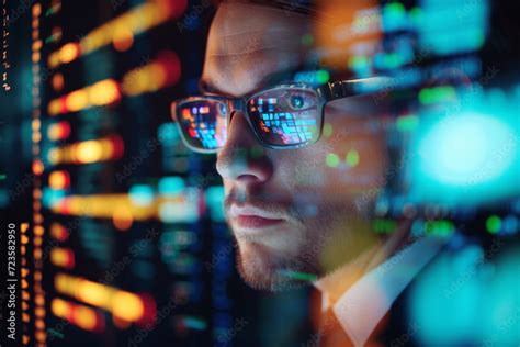 Programming Ai Code And Man With Focus Hologram And Digital Software