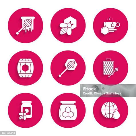 꿀 국자 스틱 꿀 항아리 벌집 지도 스티커 아이콘 꿀벌 나무 통 컵 차 및 물방울 아이콘으로 세계를 설정합니다 벡터 꿀에 대한 스톡 벡터 아트 및 기타 이미지 Istock