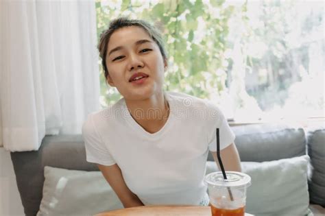 Cute Shy Girl On A Date In The Coffee Cafe Stock Image Image Of