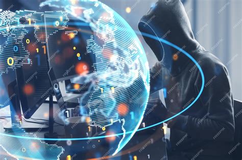 Premium Photo Side View Of Hacker Using Computers At Desktop With Abstract Globe Sphere Hologram