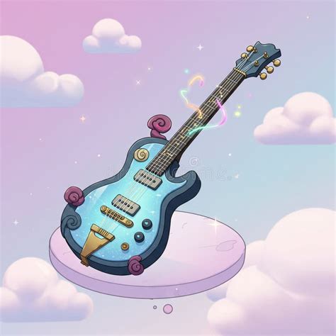 A Whimsical Illustration Of A Blue Electric Guitar With A Starry Design And Ornate Patterns