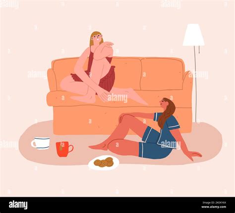 Two Girls Are Talking Sitting On The Couch Women Friendship And Communication Flat Vector
