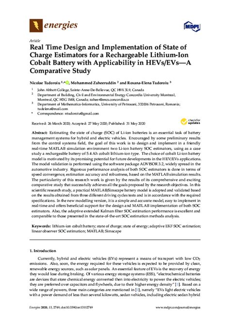 Pdf Real Time Design And Implementation Of State Of Charge Estimators For A Rechargeable