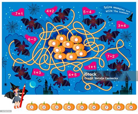 수학 할로윈 어린 아이들을 위한 미로로 덧셈과 뺄셈을 연습하세요 논리 퍼즐 게임 예를 풀고 숫자를 씁니다 어린이 학교 교과서에 대한 인쇄 가능한 워크 시트 박쥐에 대한 스톡