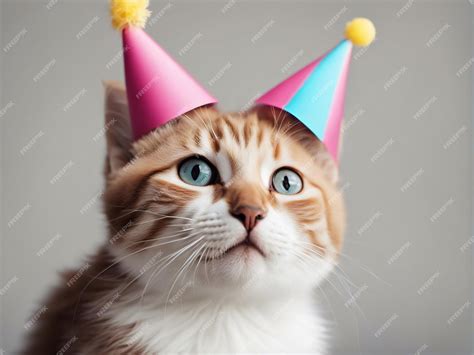 Premium Photo Cute Kitten Cat Wearing Birthday Hat White Background